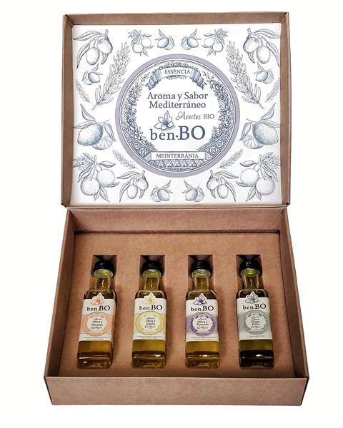 Estuche regalo de cuatro sabores de AOVE con: naranja, limón, romero o ...