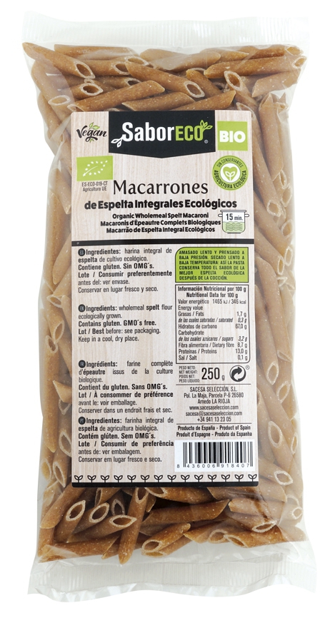 Macarrones de Espelta Integrales BIO Bolsa 250 g | Grupo Gourmets